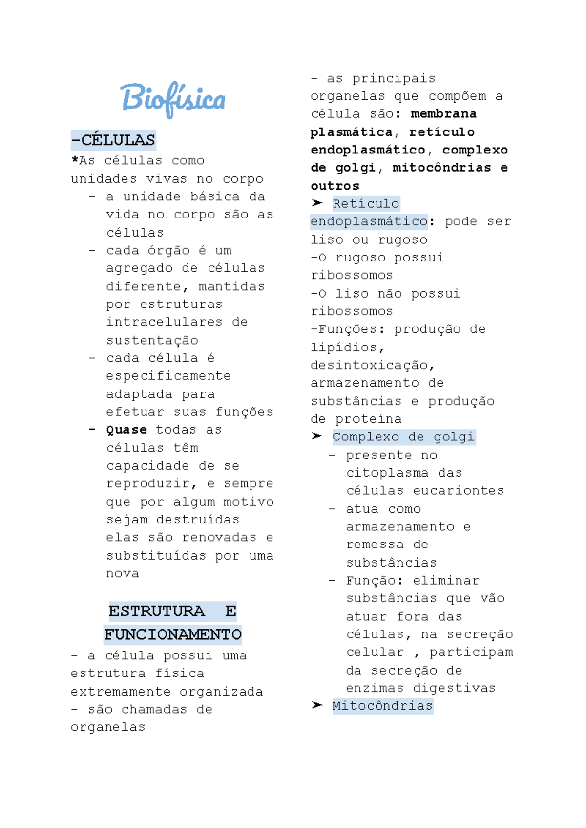 Resumo Biofisica - Biofísic -CÉLULAS *As células como unidades vivas no ...