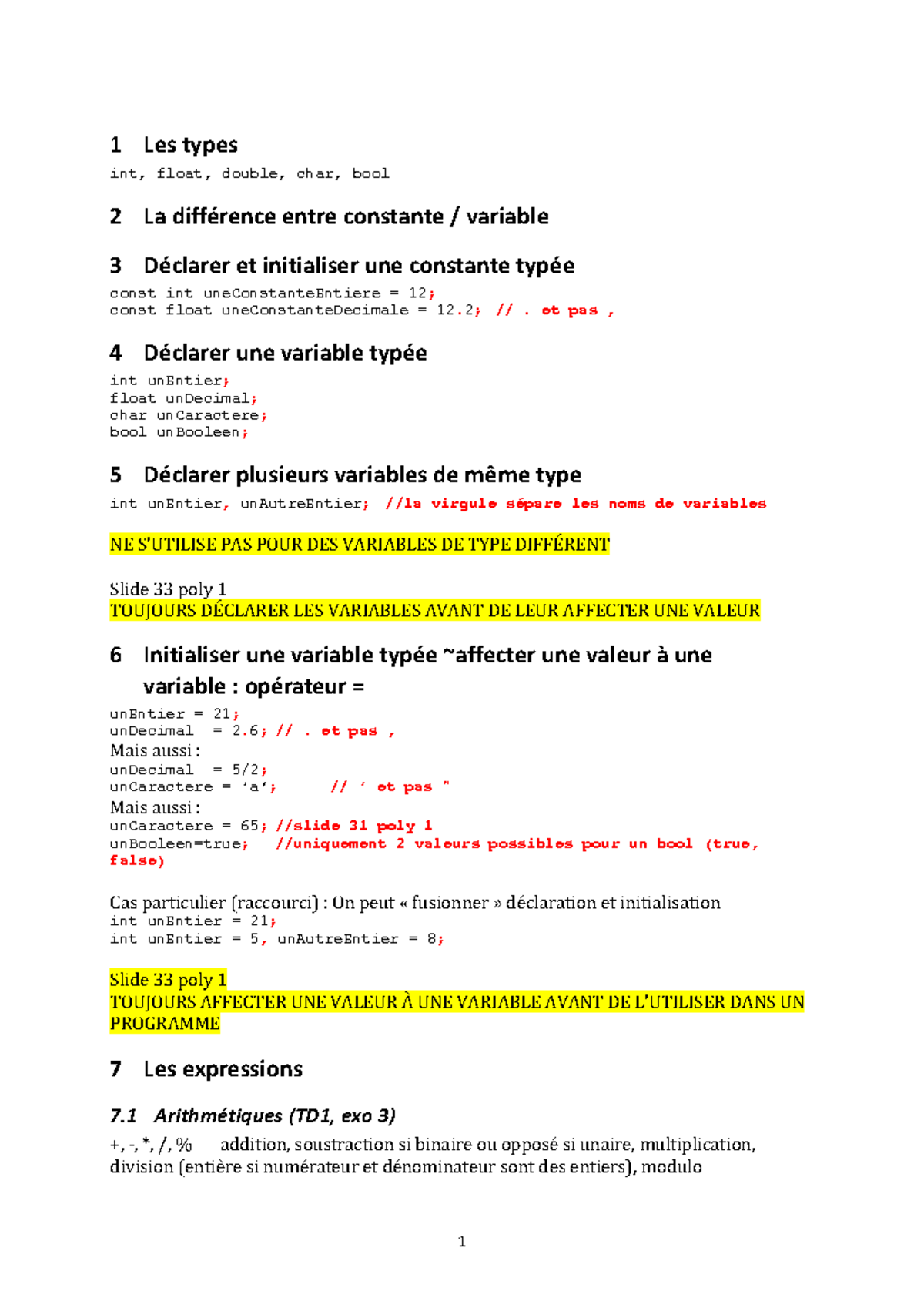 Memo Revision - 1 Les types int, float, double, char, bool 2 La différence entre constante ...