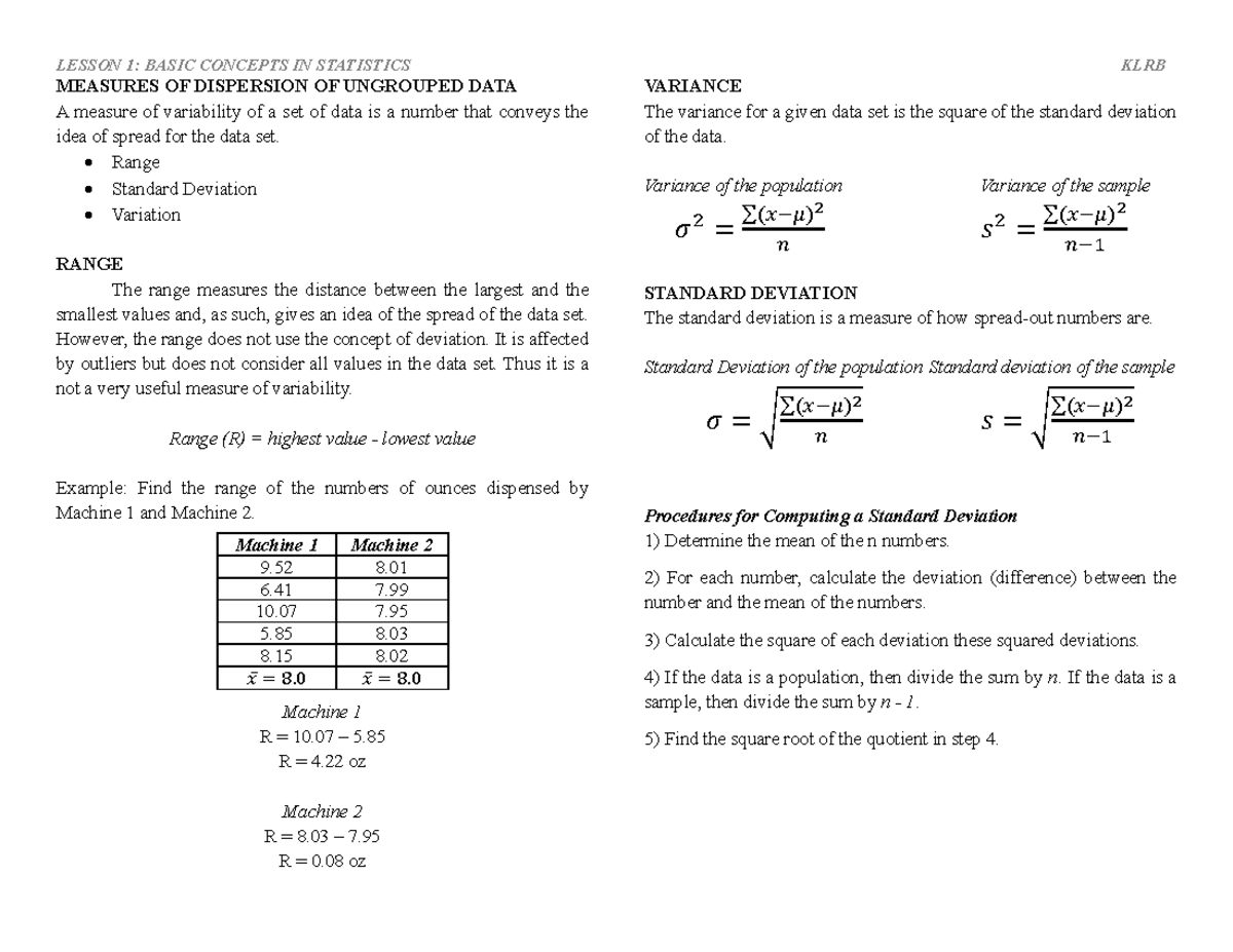 STAT-Lesson-3 - stats - MEASURES OF DISPERSION OF UNGROUPED DATA A ...