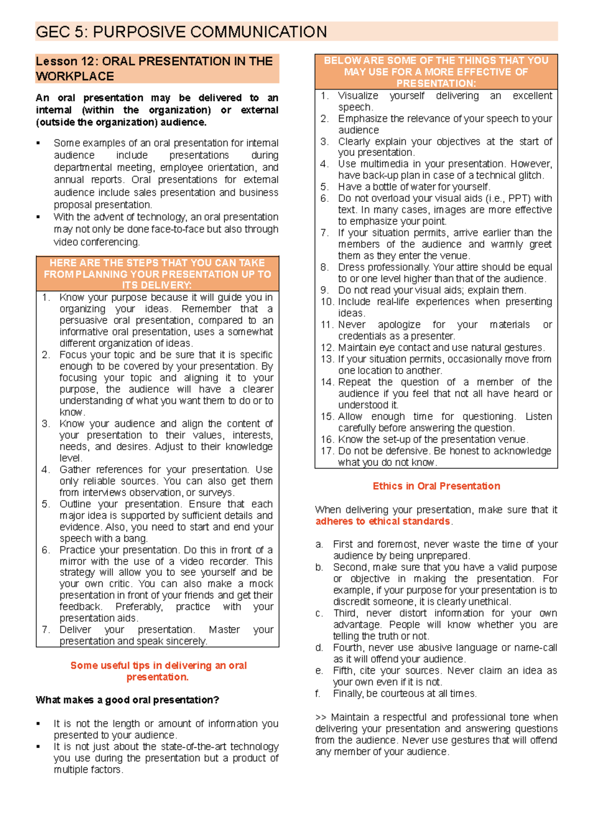 GEC-5- Finals - notes - Lesson 12: ORAL PRESENTATION IN THE WORKPLACE ...