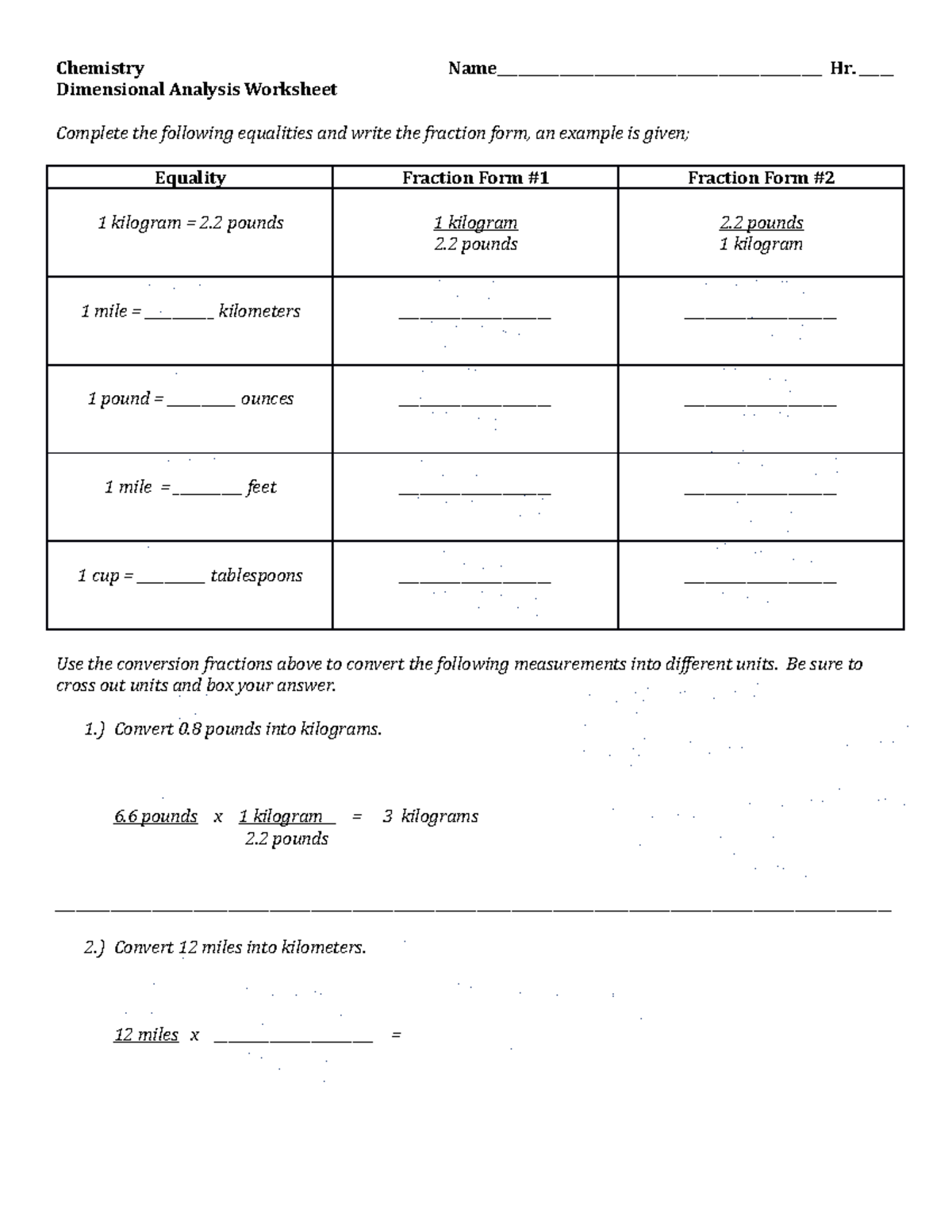 Dimensional analysis 2 - ChemistryDimensional Analysis Worksheet - Studocu