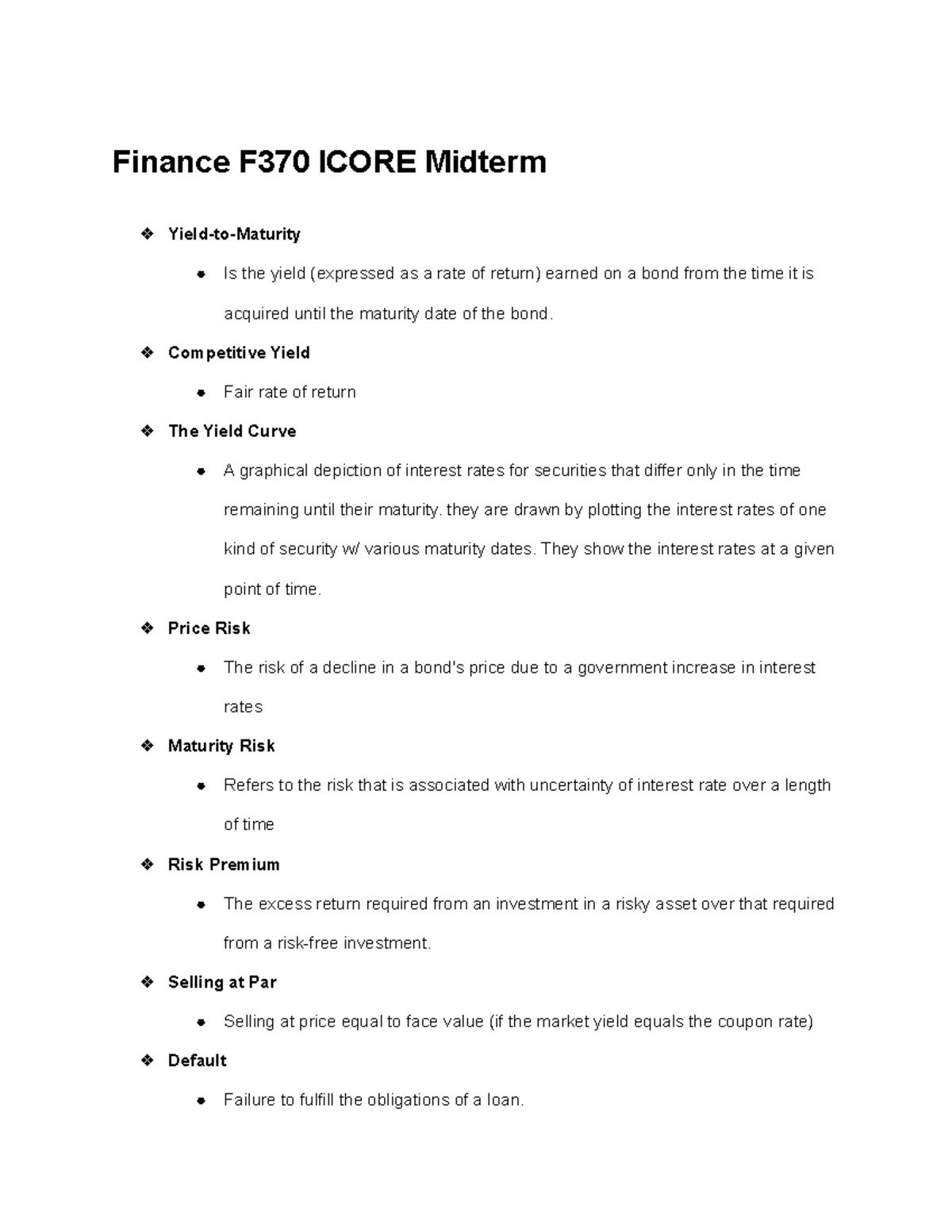Finance F370 Icore Midterm - Finance F370 ICORE Midterm Yield-to ...