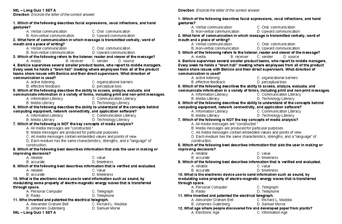 MIL long quiz set A - Quiz - MIL – Long Quiz 1 SET A Direction ...