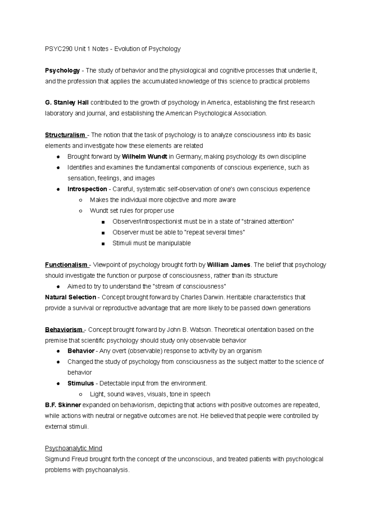 PSYC290 Unit 1 Notes - Evolution of Psychology - PSYC290 Unit 1 Notes ...