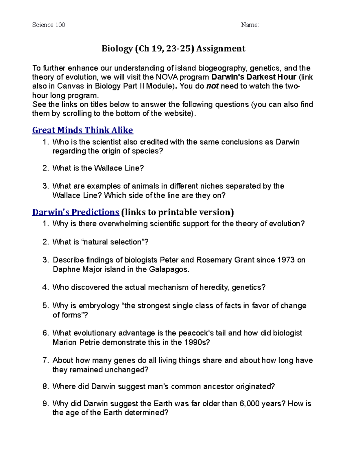 Darwin's Darkest Hour Assignment Sp'22 - Science 100 Name: Biology (Ch ...