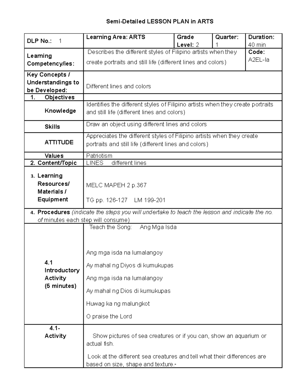 DLP-ARTS-2 Quarter-1 - REFERENCES - Semi-Detailed LESSON PLAN in ARTS ...