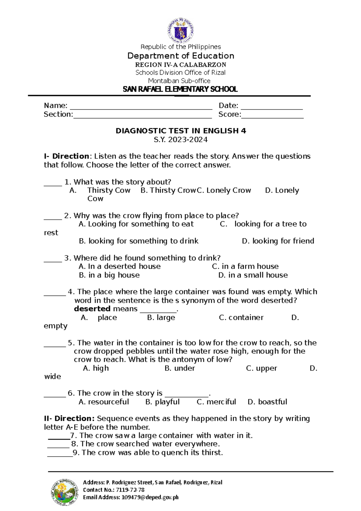 Diagnostic TEST IN English 4-2023-2024 - Republic of the Philippines ...