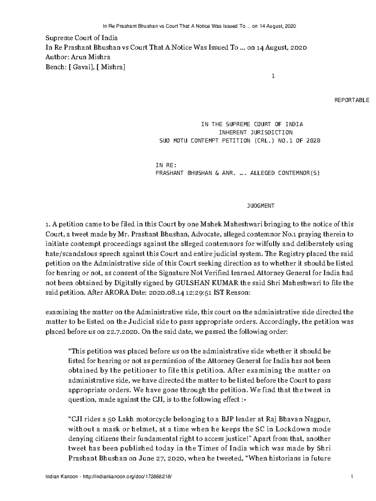 In Re Prashant Bhushan vs Court That A Notice Was Issued To on 14 ...