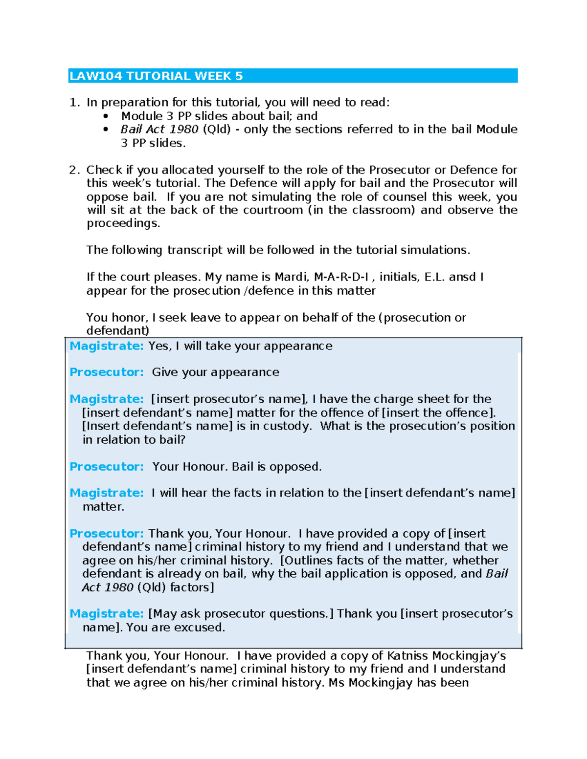 LAW104 Week 5 Tutorial - Simulations on Serious animal cruelty-1 ...