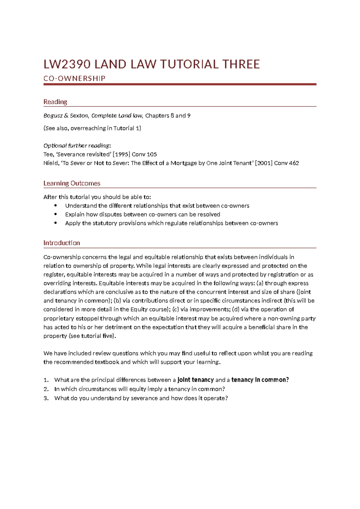 2425 LW2390 Land Law Tutorial Three - Co-Ownership - LW2390 LAND LAW ...
