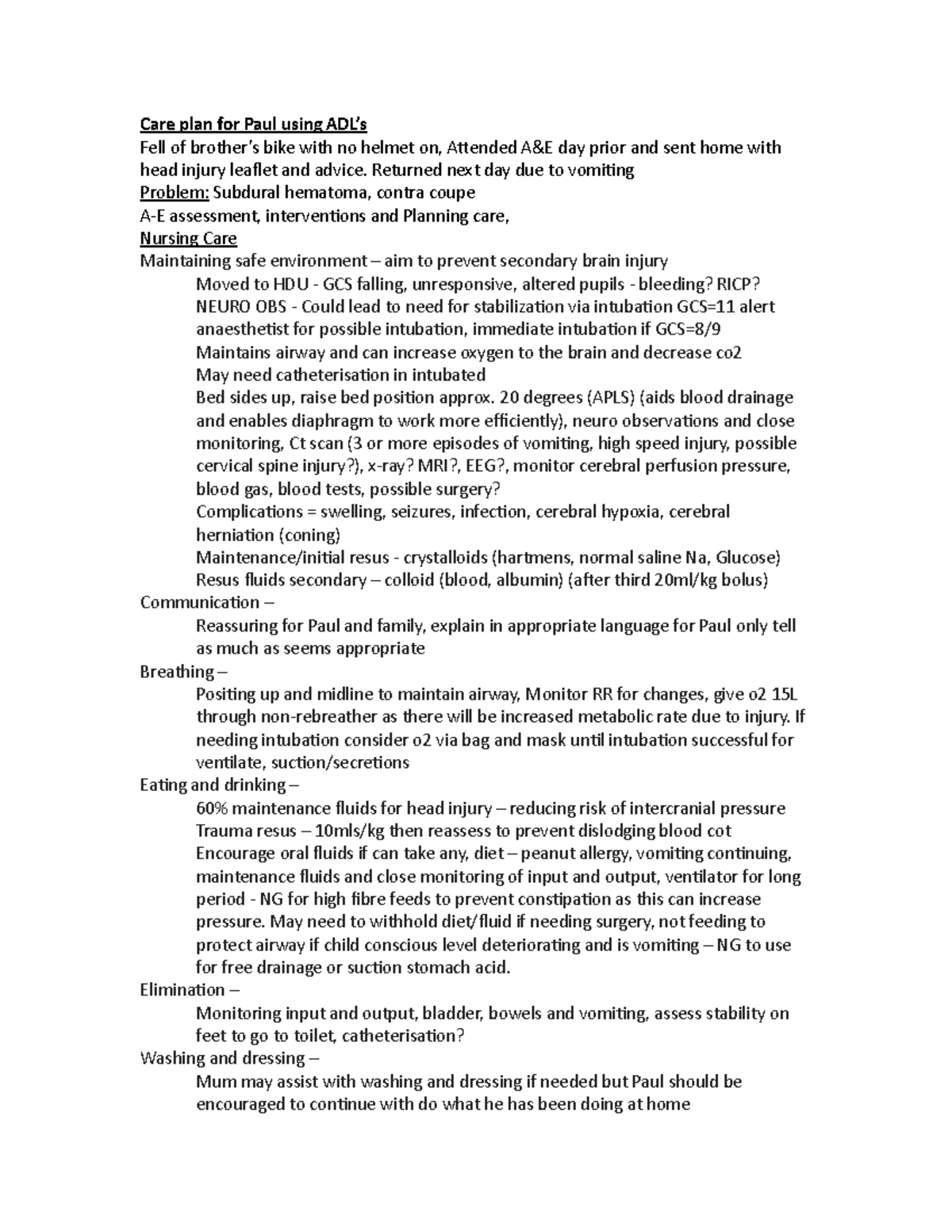 Care plan for Paul using ADL - Care plan for Paul using ADL’s Fell of ...
