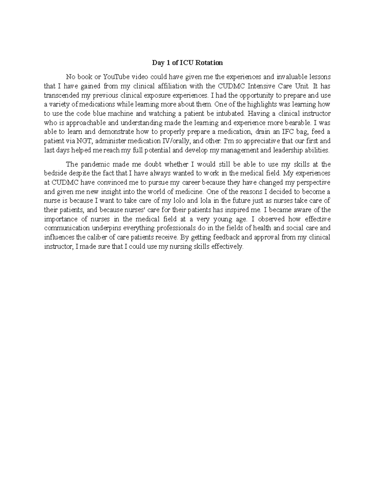 LFD - REFLECTION - Day 1 of ICU Rotation No book or YouTube video could ...