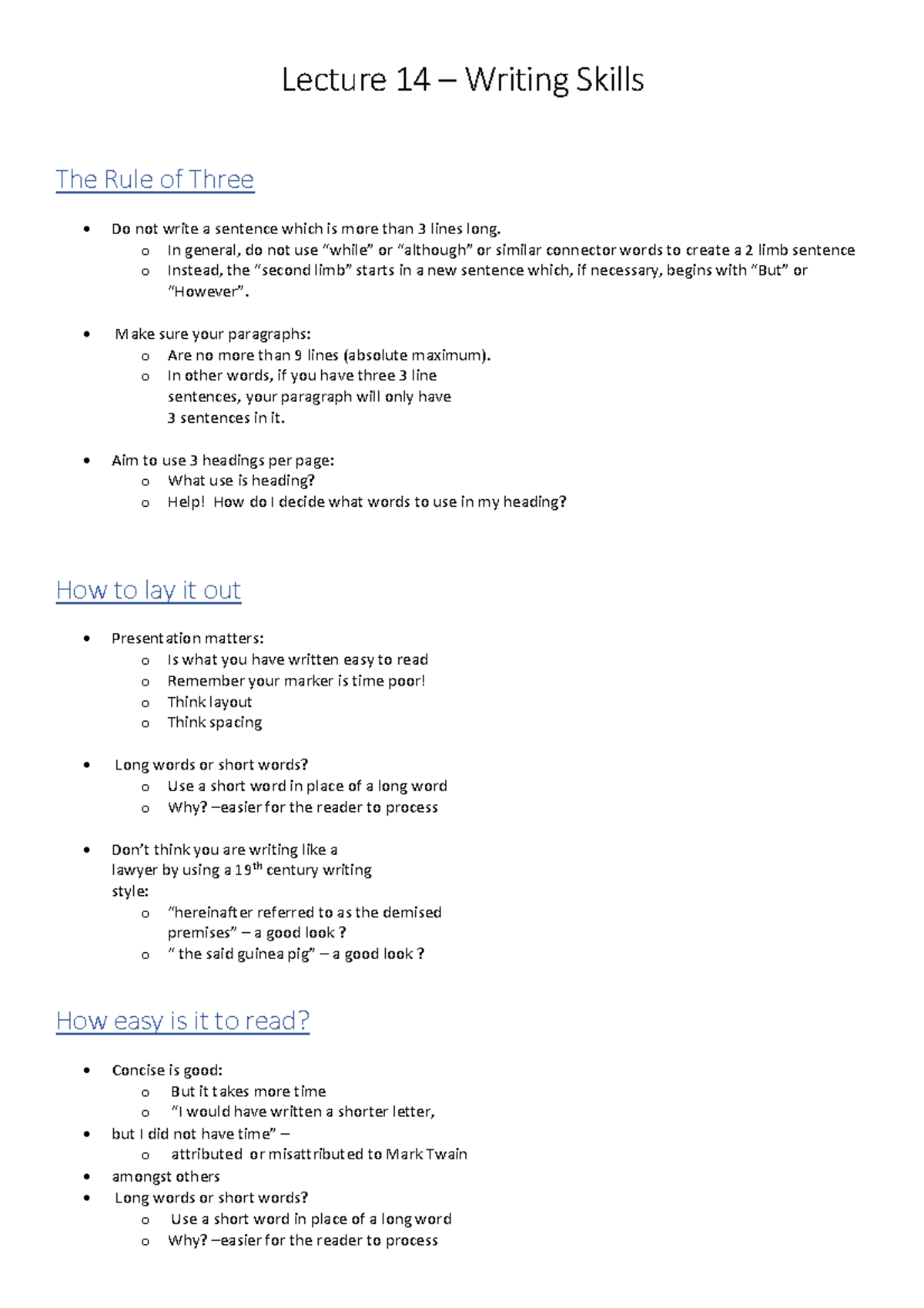 Writing Skills Lecture 14 notes - Lecture 14 – Writing Skills The Rule ...