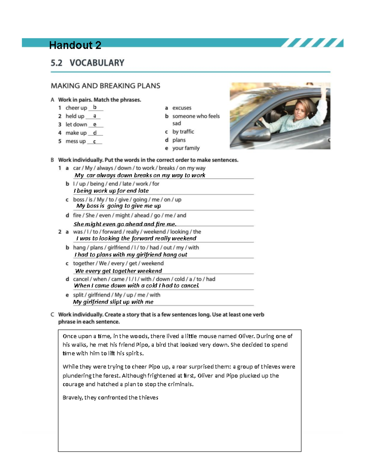 BUS 2.0 Level 4 Lesson Plan 5 Handout 2 - Handout 2 b a e d c My car ...