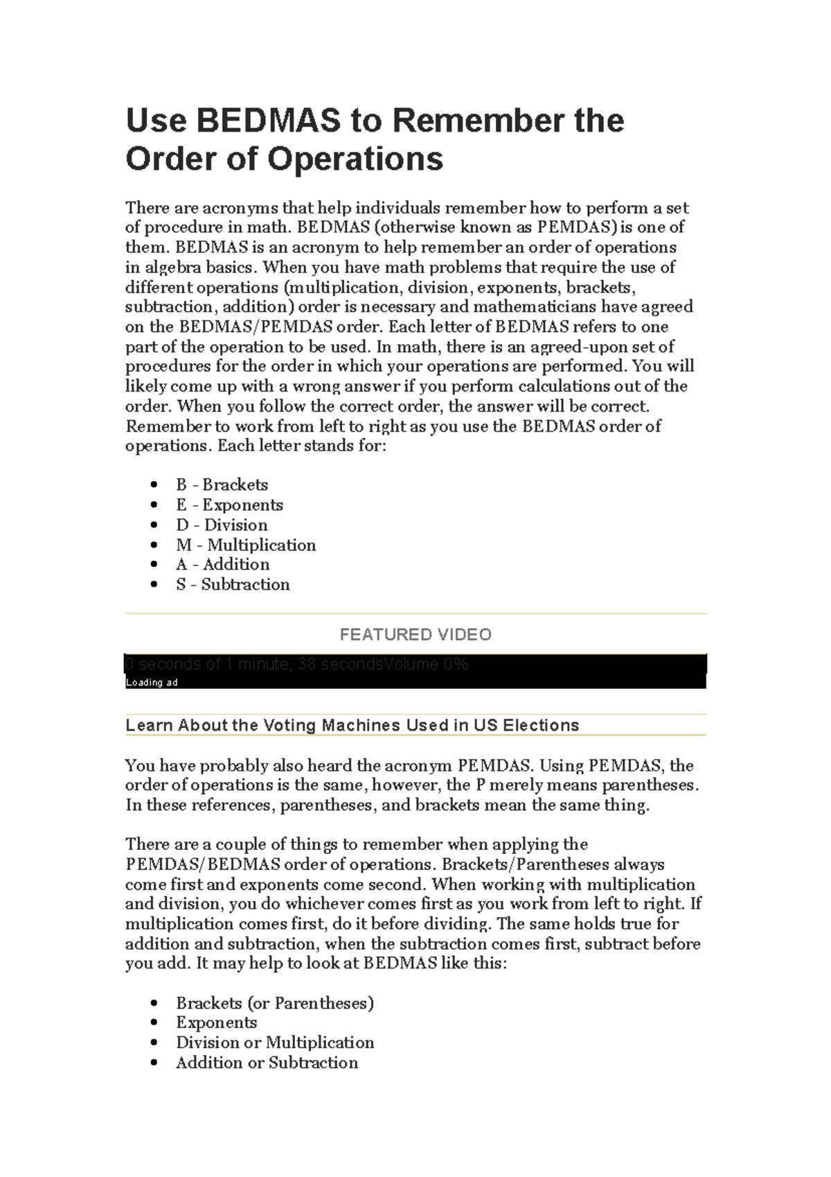 Use Bedmas to Remember the Order of Operations - Use BEDMAS to Remember ...