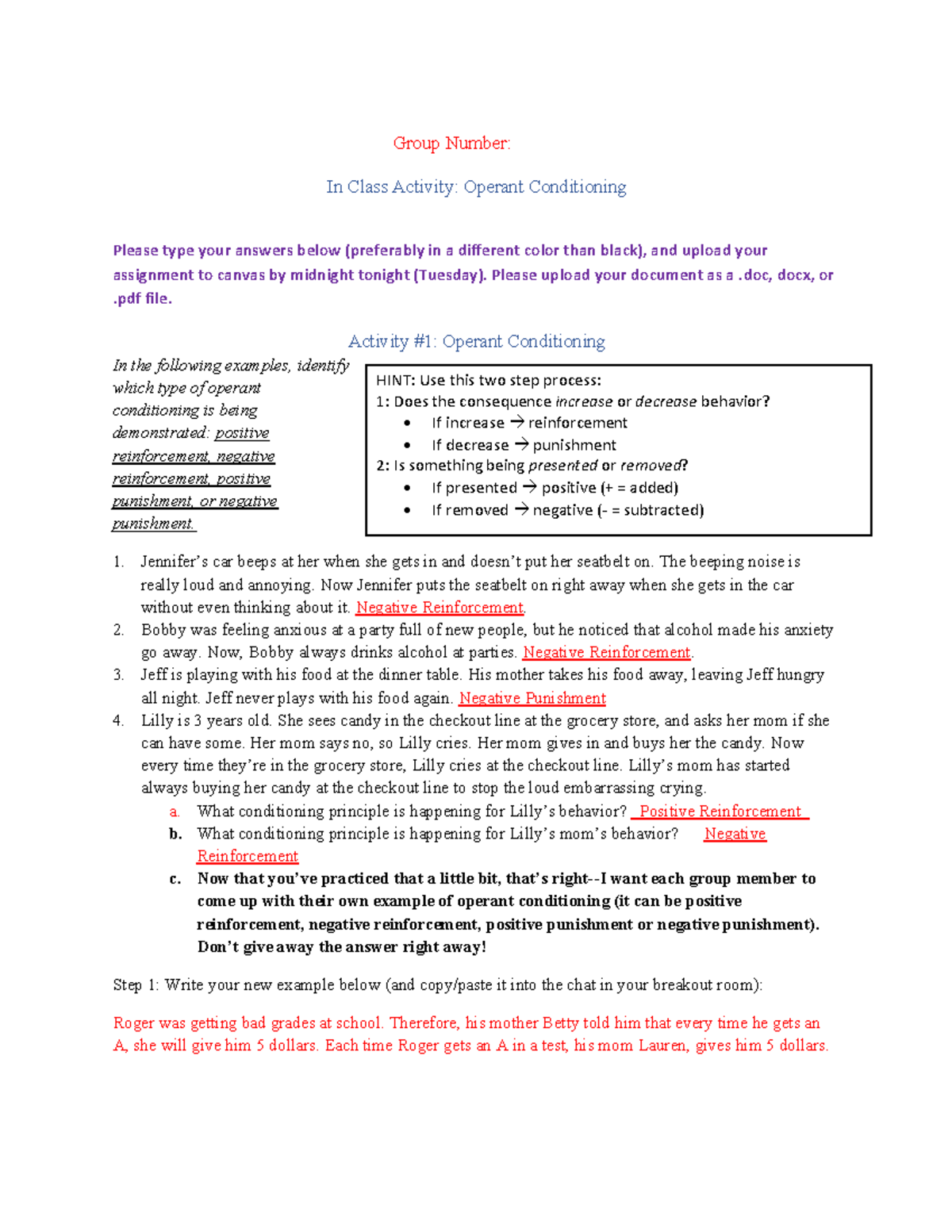 Operant Conditioning: - Group Number: In Class Activity: Operant ...