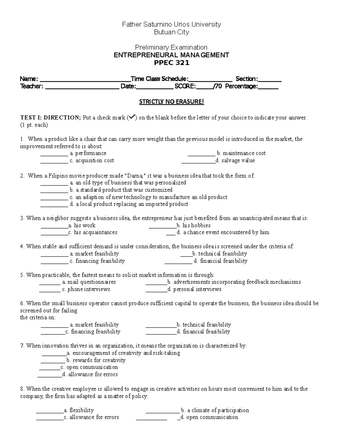 Entrep. mgt. midterm - entree - Father Saturnino Urios University ...