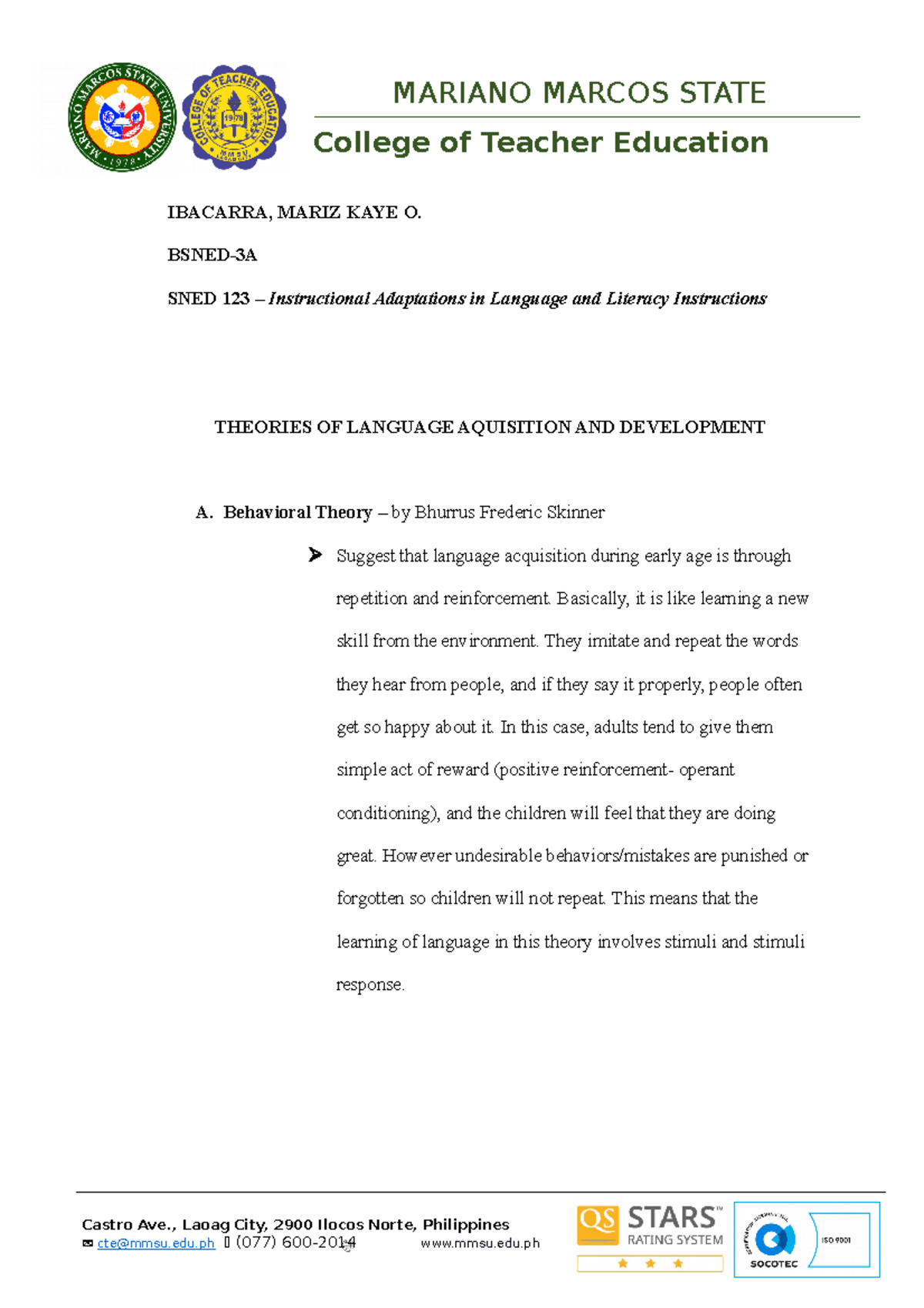 SNED 123- Theories OF Language Development AND Aquisition - IBACARRA ...