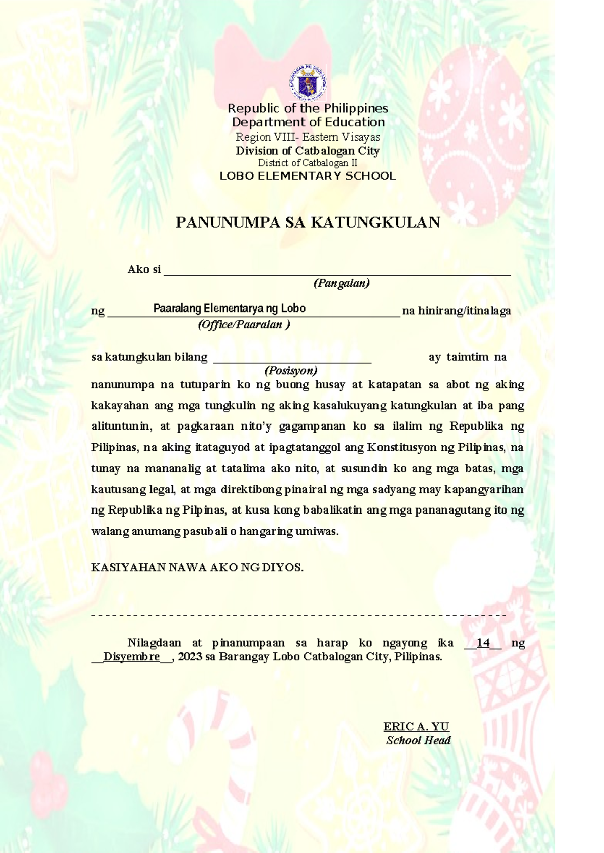 Panunumpa sa katungkulan - Republic of the Philippines Department of ...