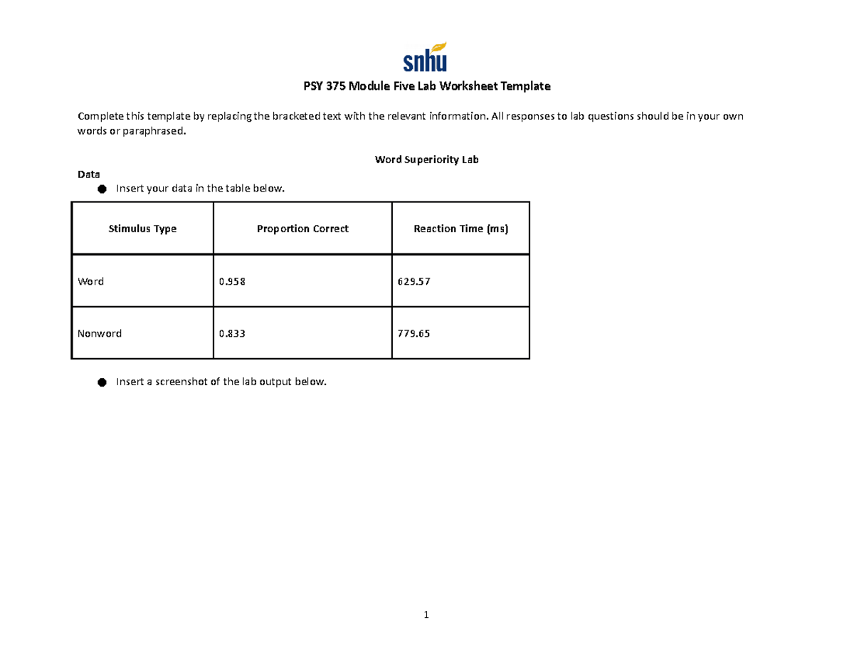 PSY 375 Module Five Lab Worksheet - All responses to lab questions ...