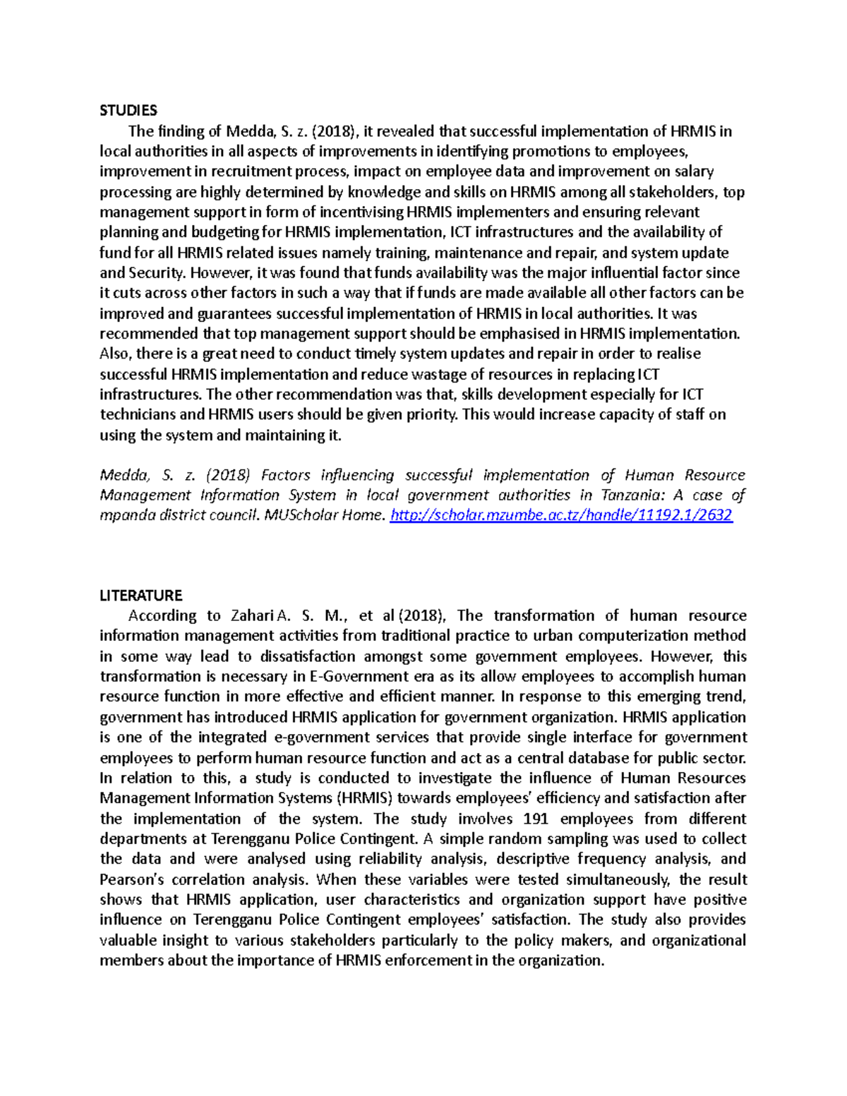 Rapal, K RRL - RRL HRMIS year 2018-2023 - STUDIES The finding of Medda ...