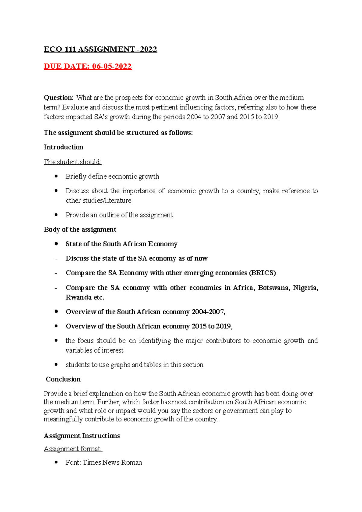 ECO111 Assignment - ECO 111 ASSIGNMENT - DUE DATE: 06-05- Question ...