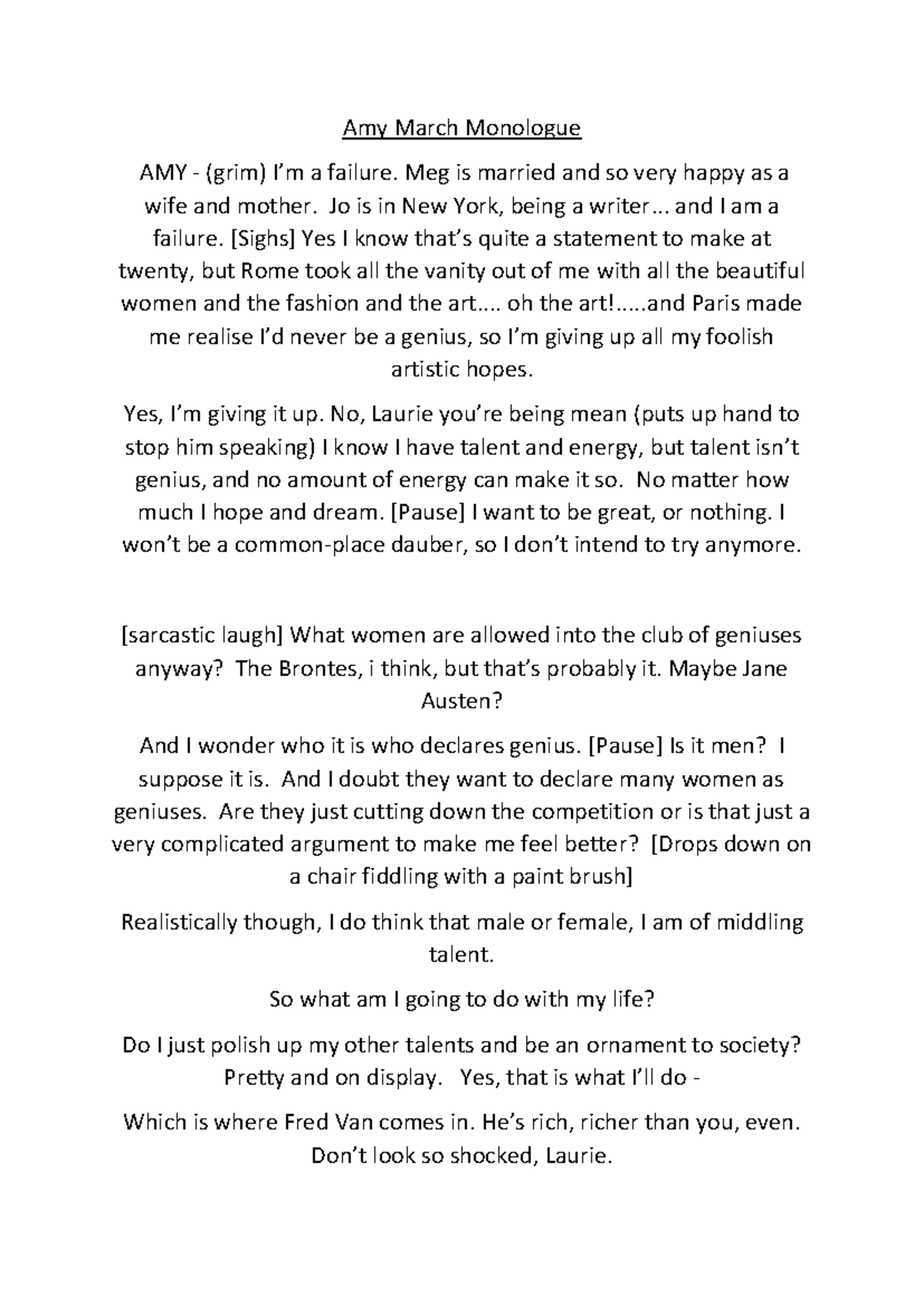 Amy March Monologue - Meg is married and so very happy as a wife and ...