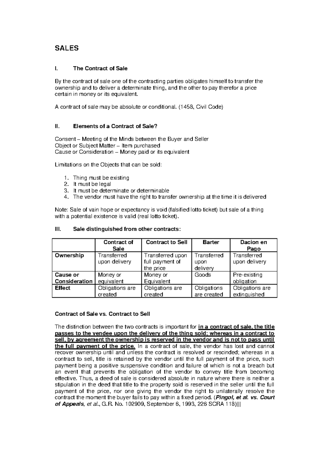 Sales Handout Revised - SALES I. The Contract of Sale By the contract ...