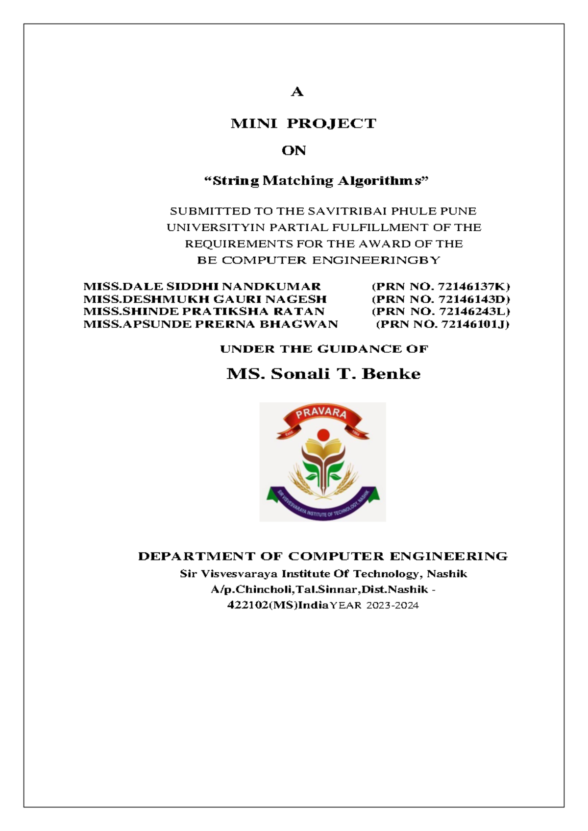 DAA-mini project - A MINI PROJECT ON “String Matching Algorithms” SUBMITTED TO THE SAVITRIBAI ...