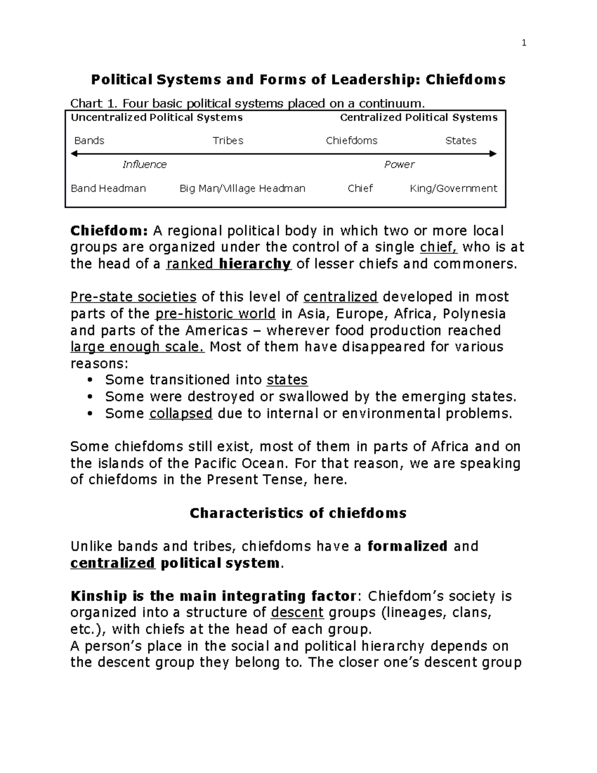 Class 12 - Chiefdoms - Lecture notes 12 - Political Systems and Forms ...