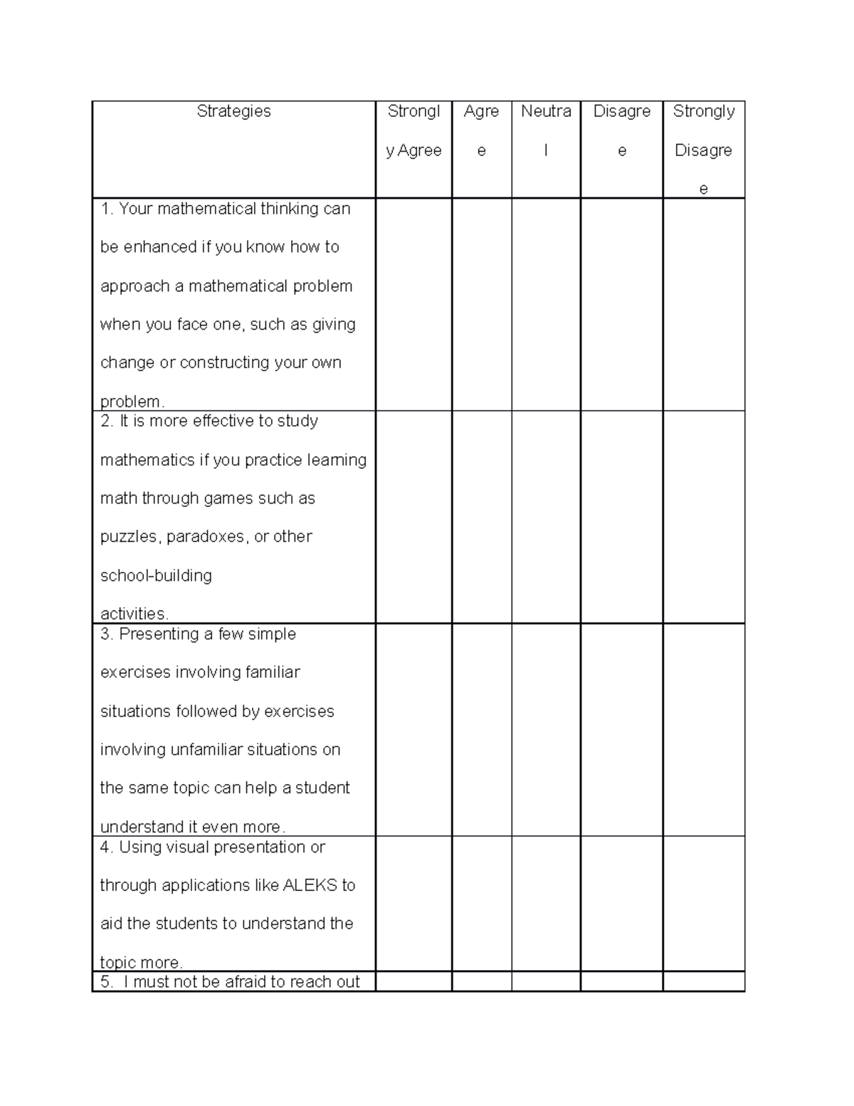 Survey- Questionnaires - Strategies Strongl y Agree Agre e Neutra l ...