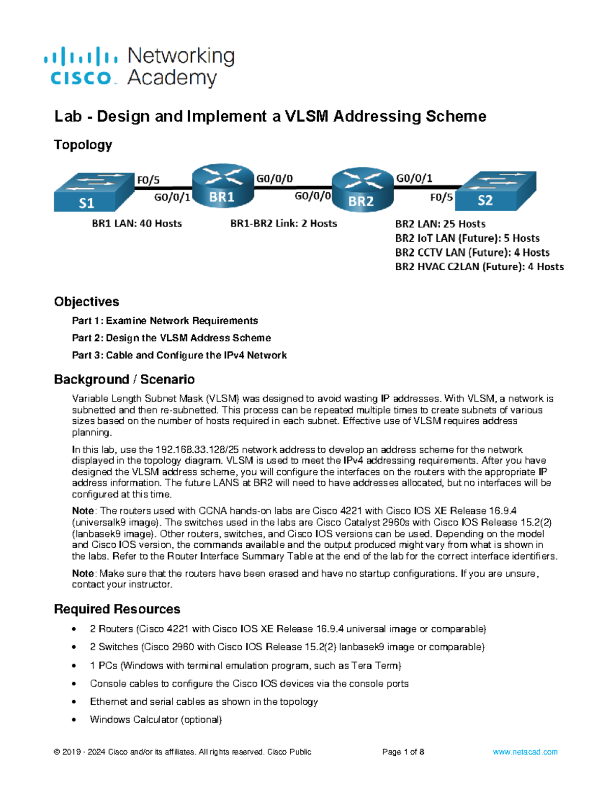 Design and Implement a VLSM Addressing Scheme - Topology Objectives Part 1: Examine Network ...
