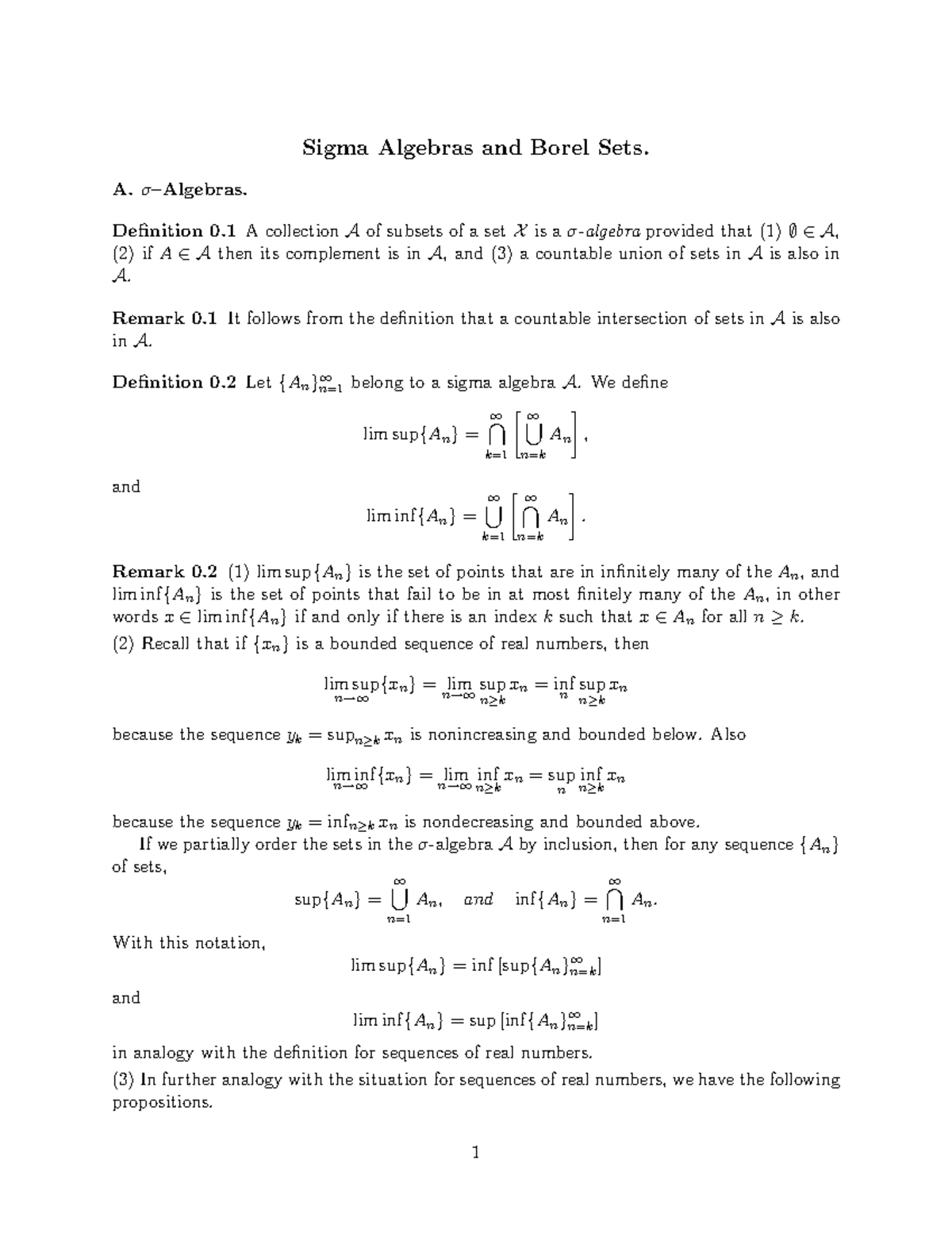 Lecture notes, lecture 2 - Sigma Algebras and Borel Sets. A. Definition ...