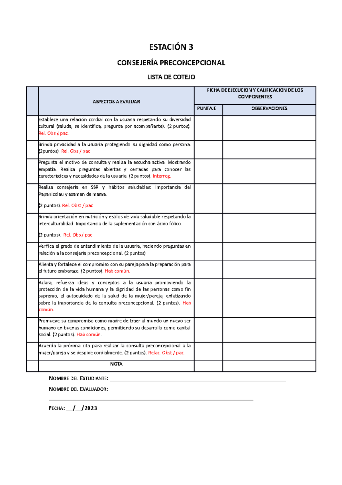 Estacion 3- Alumno - ESTACIÓN 3 CONSEJERÍA PRECONCEPCIONAL LISTA DE ...