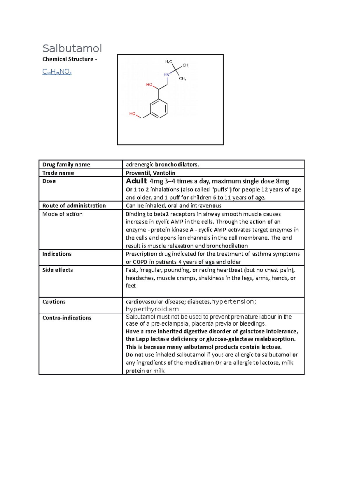 Salbutamol - 90% - Salbutamol Chemical Structure - C 13 H 21 NO 3 Drug ...