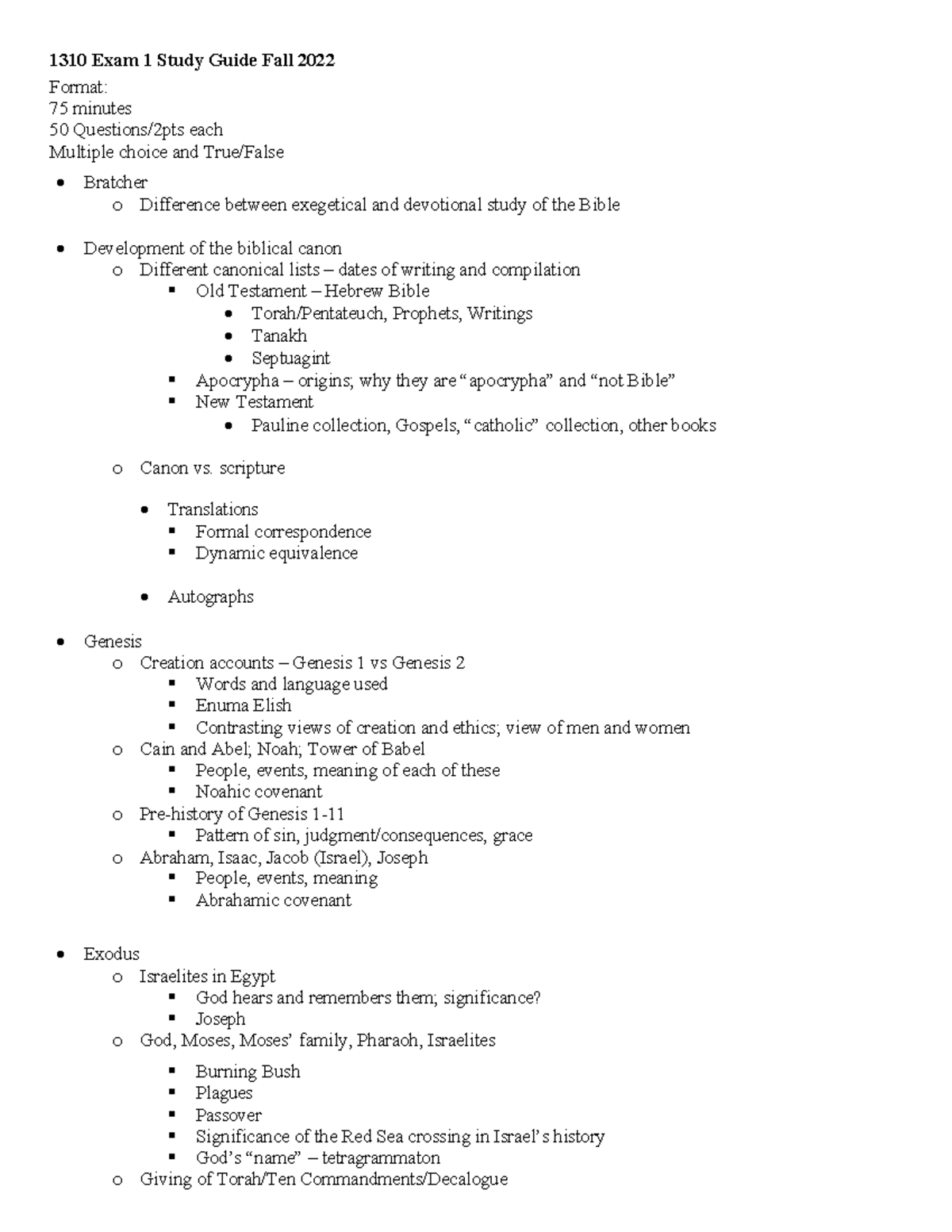 1310 Exam 1 Study Guide - 1310 Exam 1 Study Guide Fall 2022 Format: 75 ...