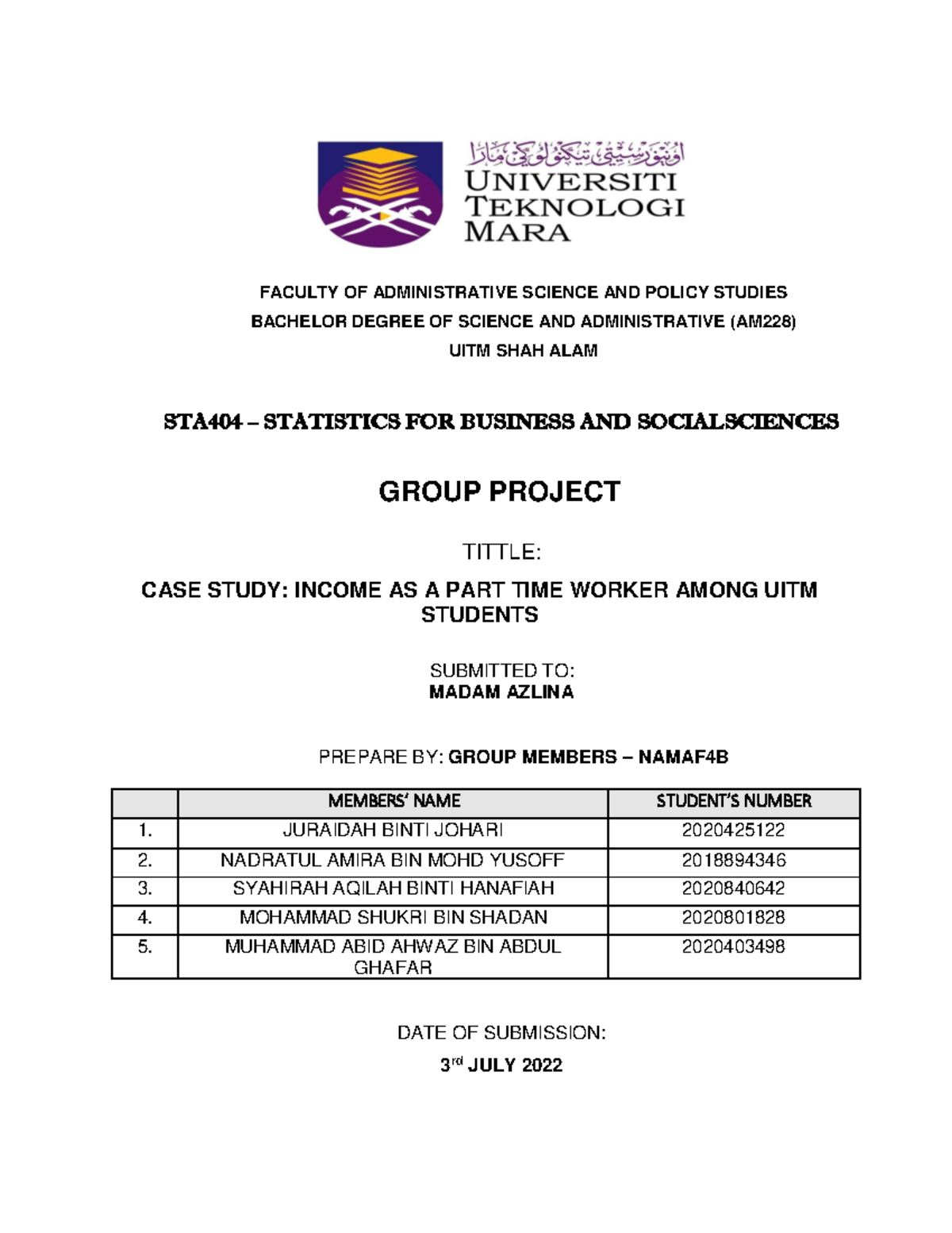Group 2 Project STA404 - FACULTY OF ADMINISTRATIVE SCIENCE AND POLICY ...