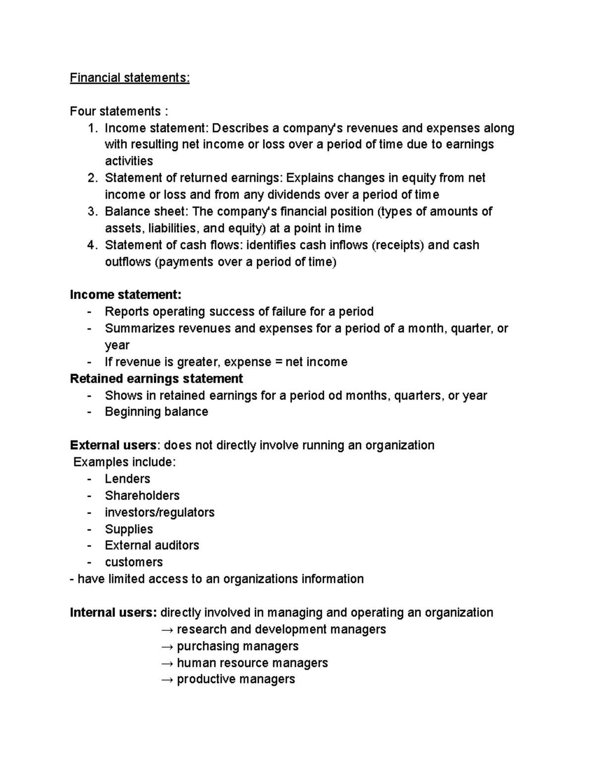 Accounting pt. 1 - notes - Financial statements: Four statements : 1 ...