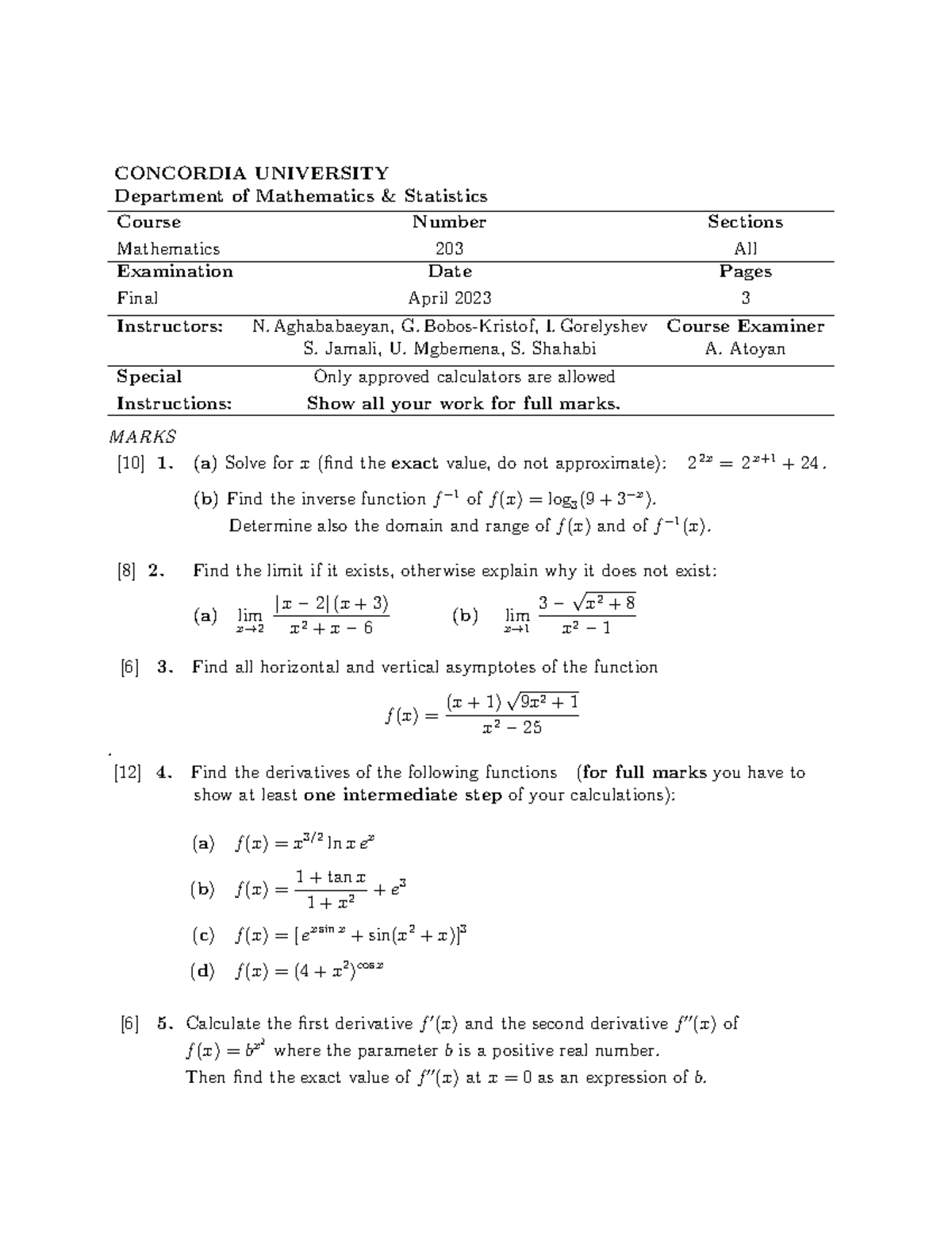 Math203 Final Exam Winter 2023 - CONCORDIA UNIVERSITY Department of ...