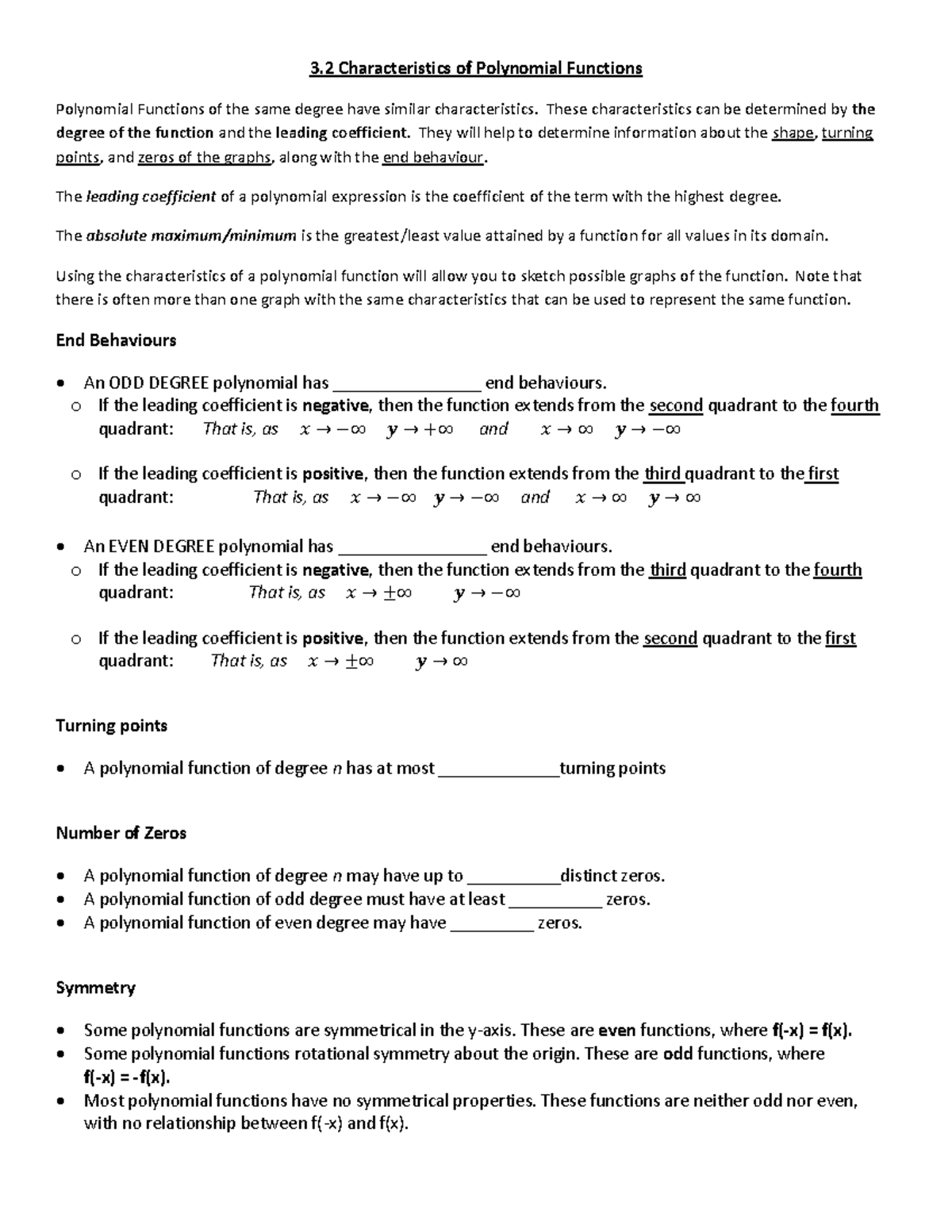 3.2 Characteristics of Polynomial Functions - 3 Characteristics of ...