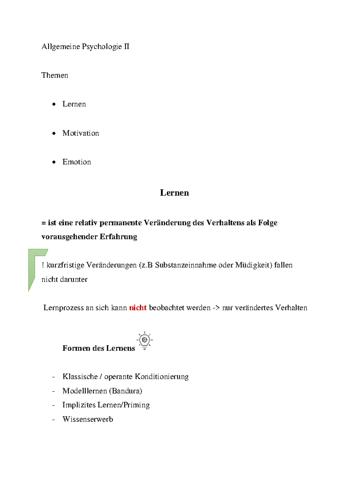 Merkblatt Lernen, Motivation, Emotion - Allgemeine Psychologie II Themen Lernen Motivation ...