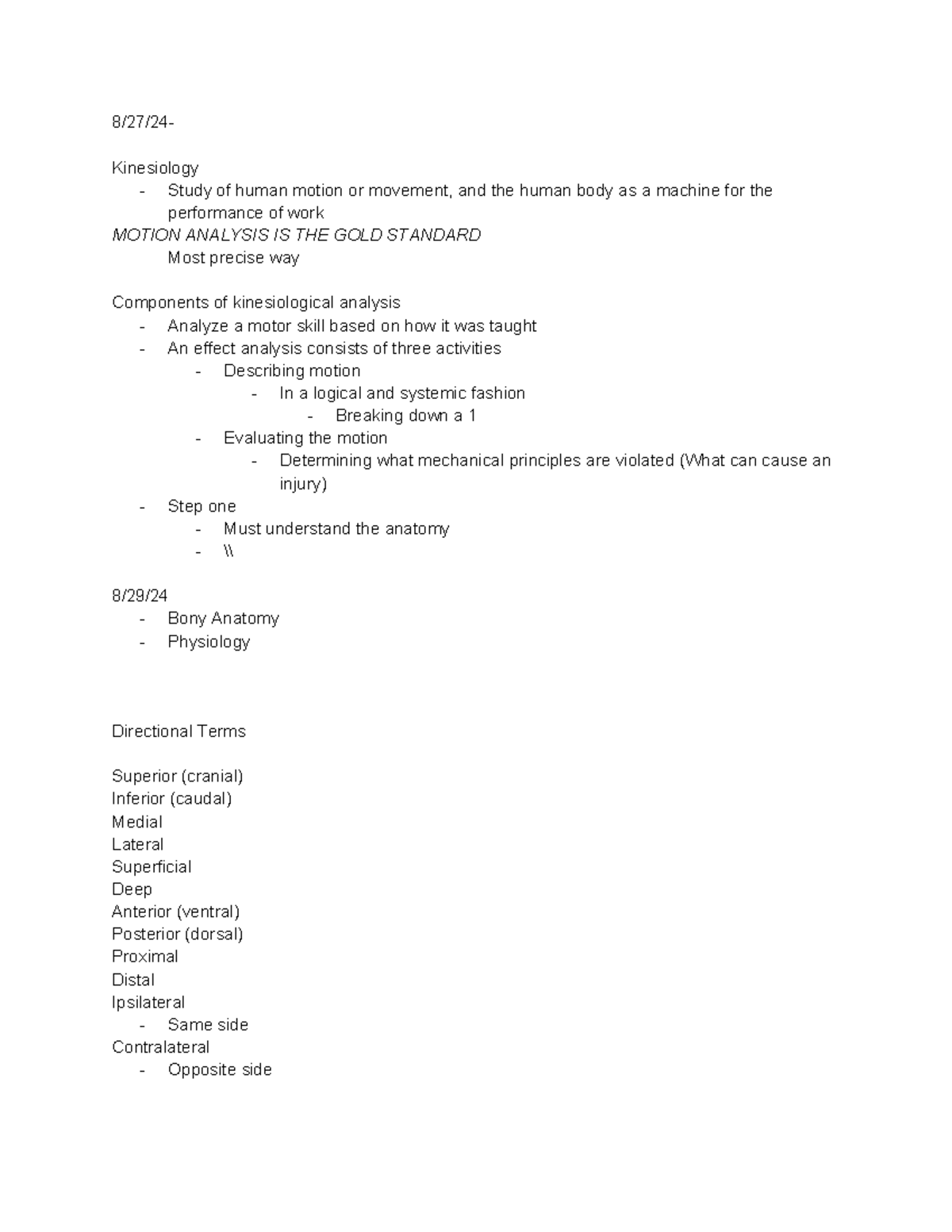 Kinesiology Unit 1 - Fall Exam 1 Notes - 8/27/24- Kinesiology Study of ...