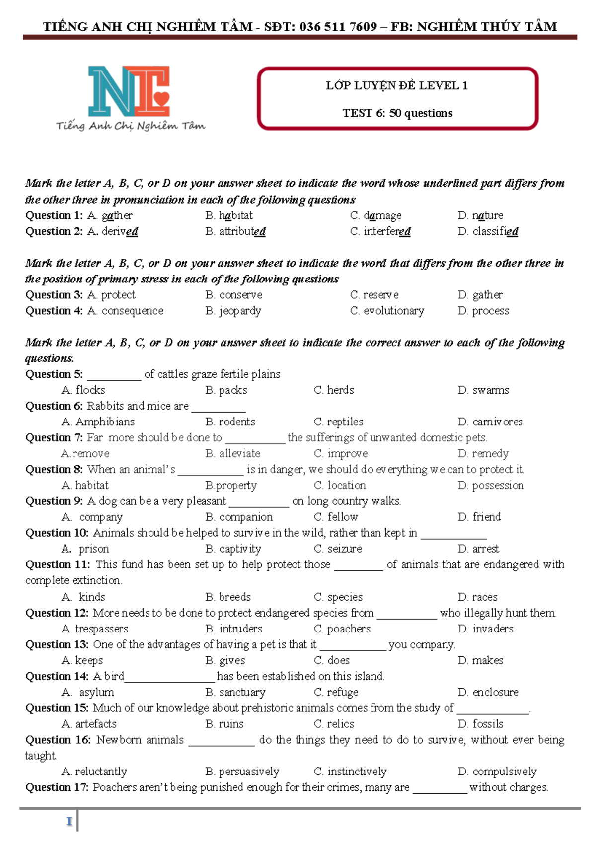 Level-1 Unit-6 Test-6B Final - ! Mark the letter A, B, C, or D on your ...