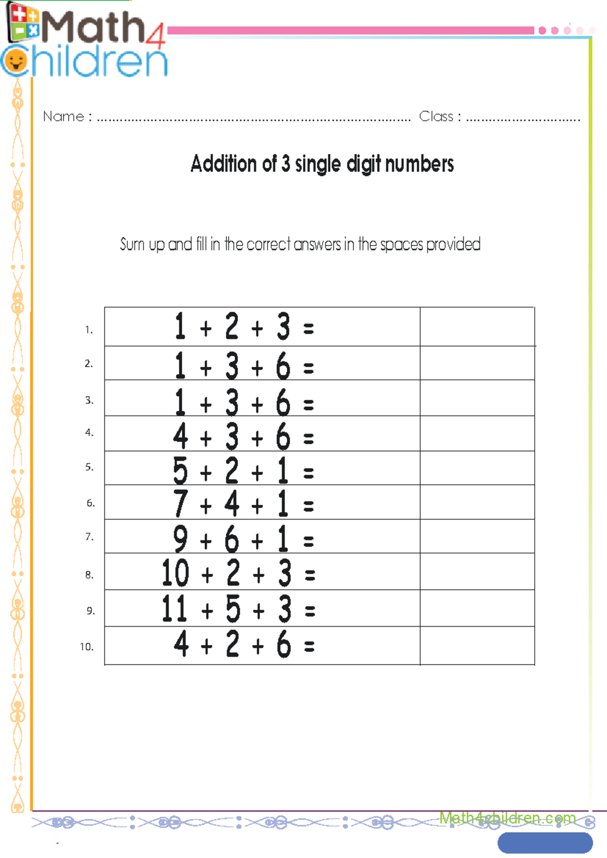 Addition n threes 002 - Basic math - Name : - Studocu