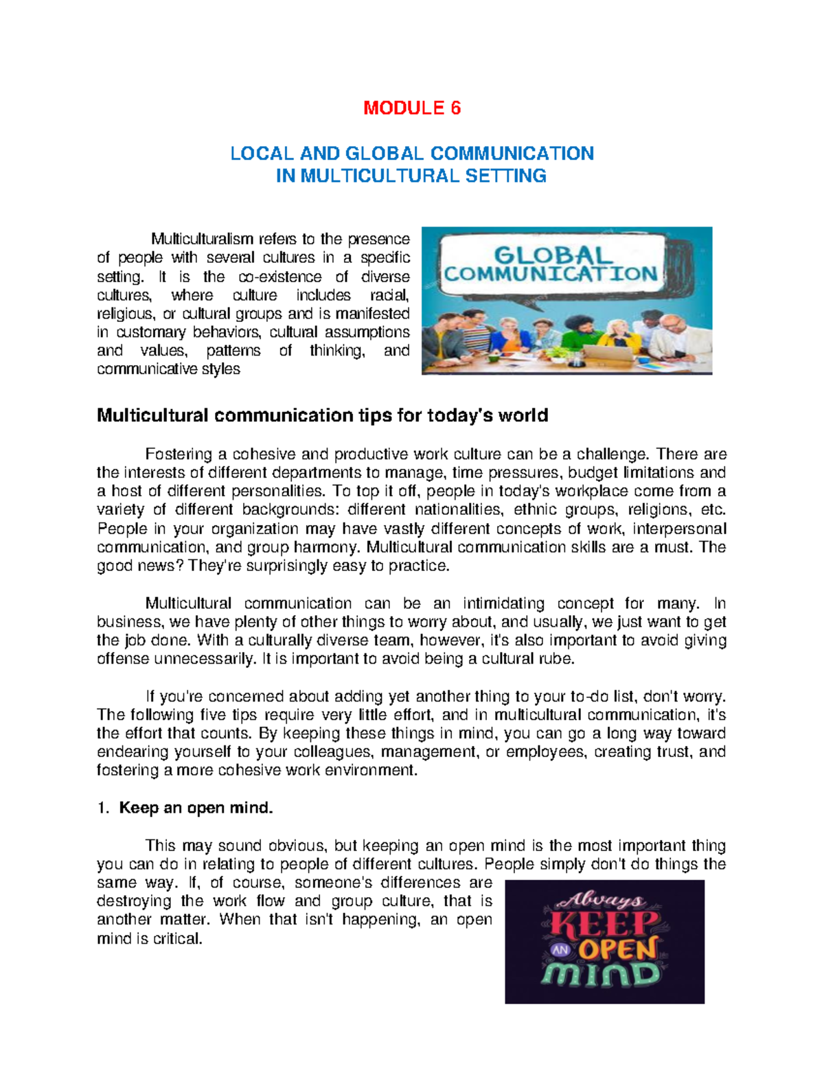GE 2 Module 6 - ANG GALING - MODULE 6 LOCAL AND GLOBAL COMMUNICATION IN MULTICULTURAL SETTING ...