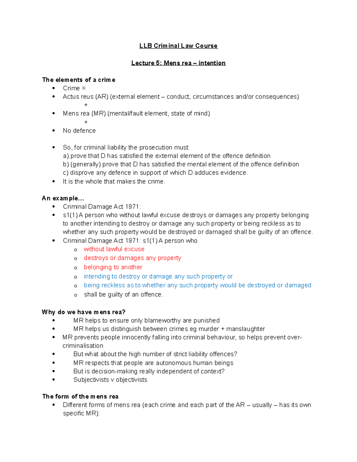 Criminal law Intention - LLB Criminal Law Course Lecture 5: Mens rea ...
