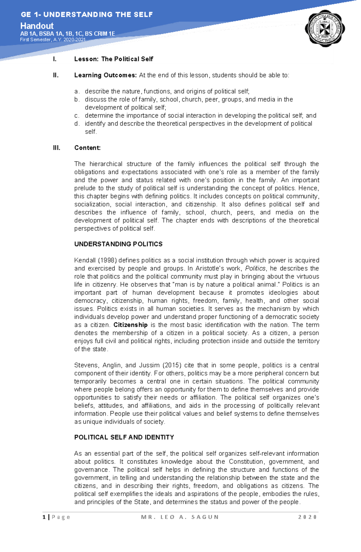 Module 10 THE Political SELF - Handout AB 1A, BSBA 1A, 1B, 1C, BS CRIM ...