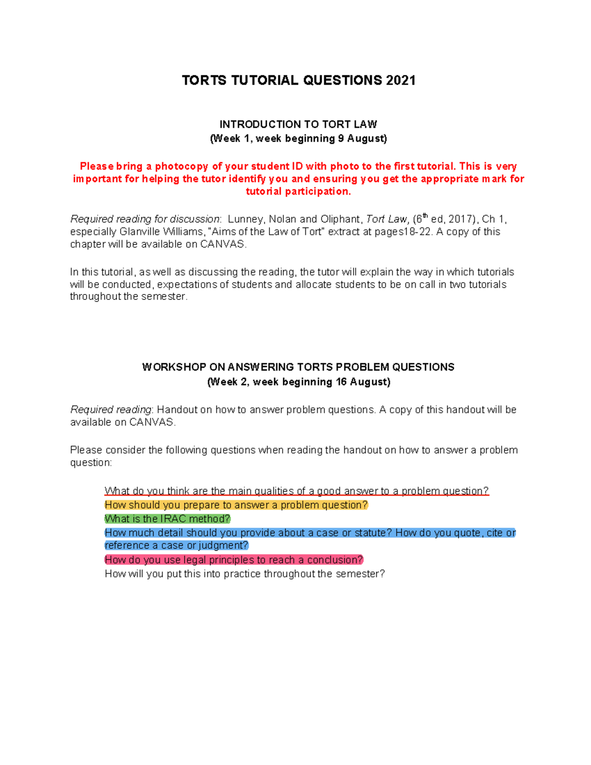 Tutorial Questions Torts S22021 - TORTS TUTORIAL QUESTIONS 202 1 INTRODUCTION TO TORT LAW (Week ...