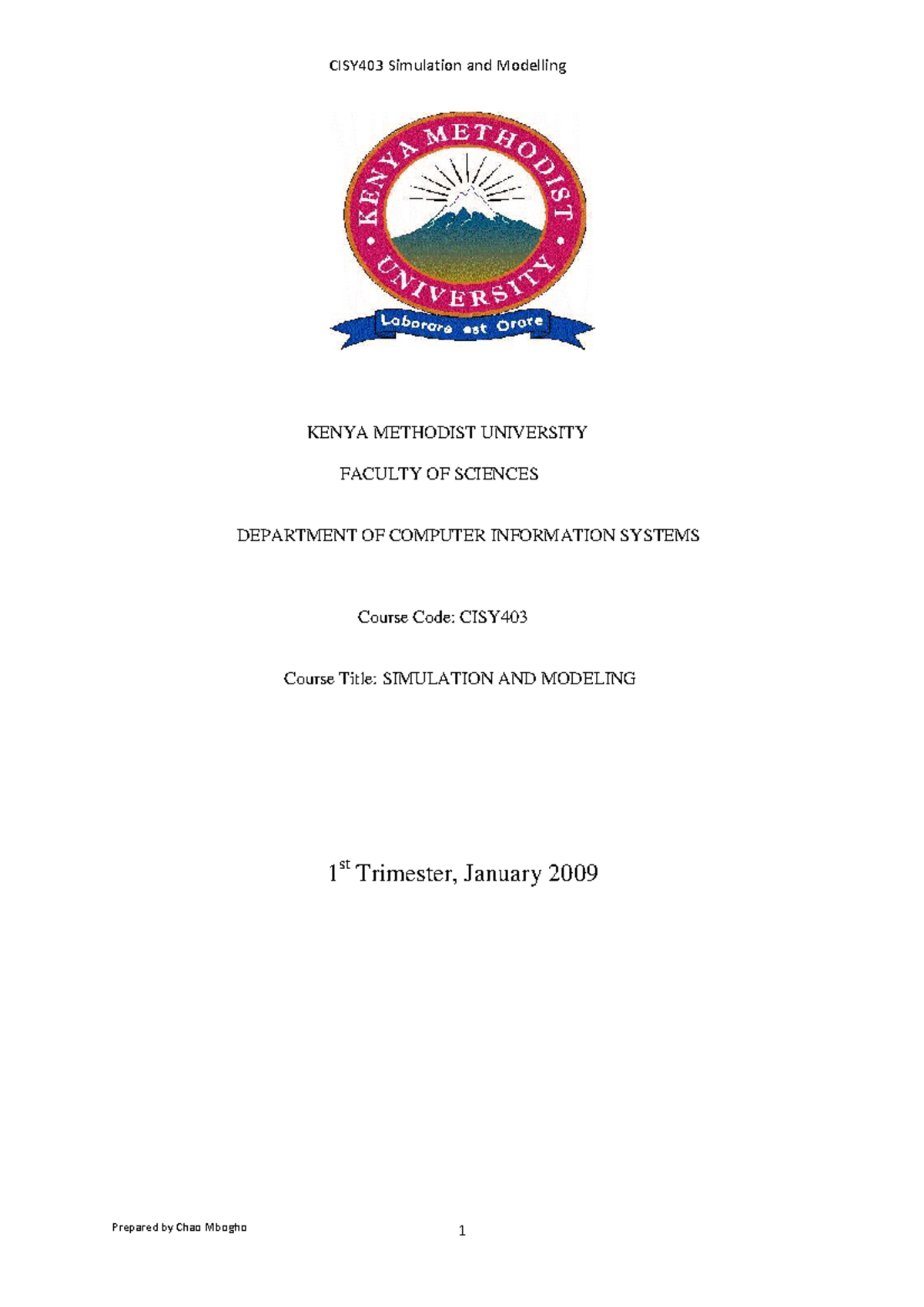 Introduction Simulation And Modeling Notes Kenya Methodist University Faculty Of Sciences