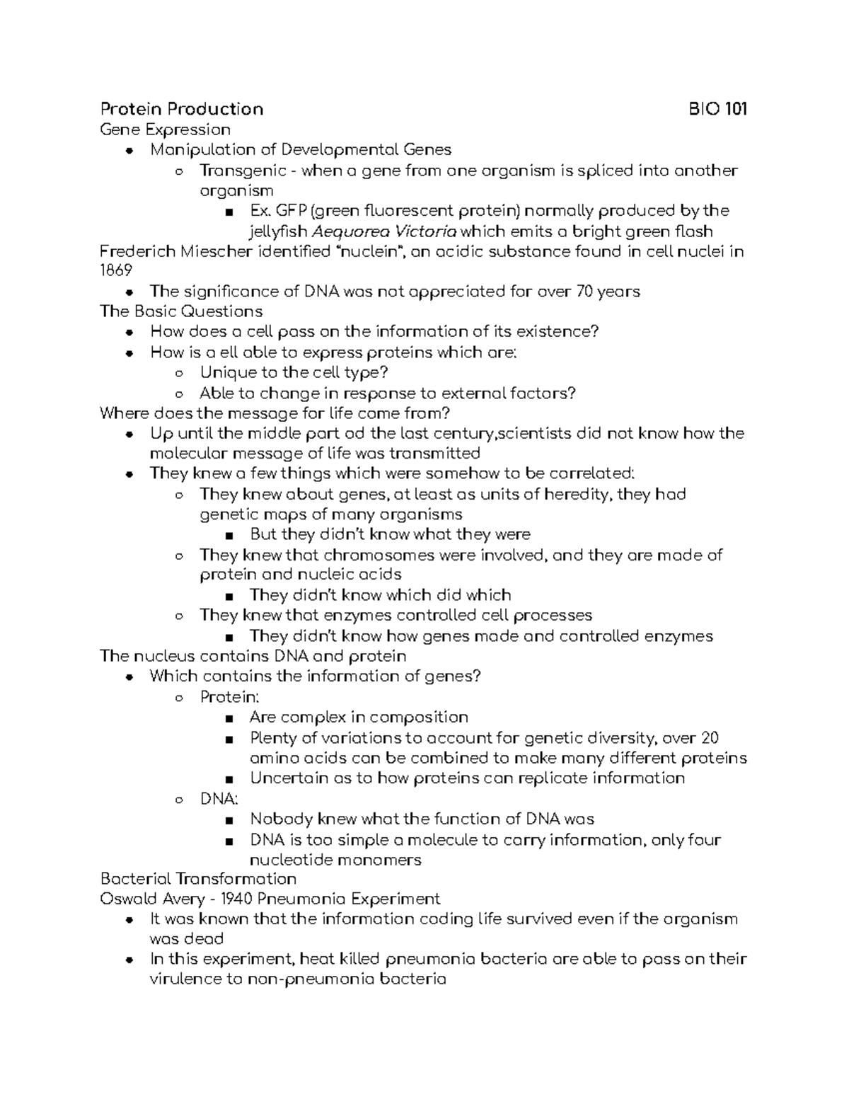 Protein Production - BIO 101 - Dr. Canning - Protein Production BIO 101 ...